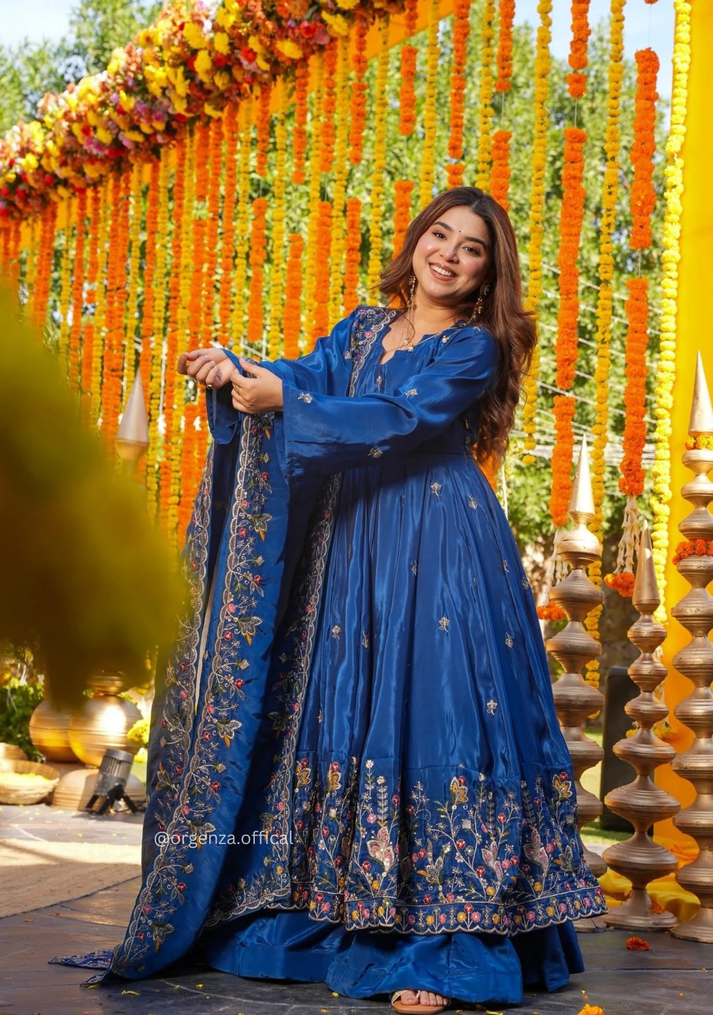 Designer Soft Crunchy Silk Slit Anarkali Suit Set with Embroidery, Pla